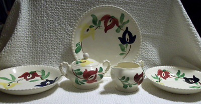 BLUE RIDGE POTTERY Creamer, Sugar with Lid, Plate, 2 Bowls CARNIVAL ...