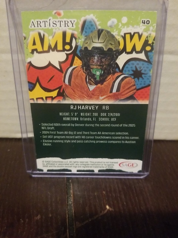 2025 Sage Artistry Silver #40 RJ Harvey UCF - Broncos RC | eBay