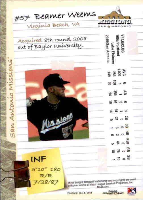 2011 San Antonio Missions Grandstand #29 Beamer Weems Virginia Beach VA ...