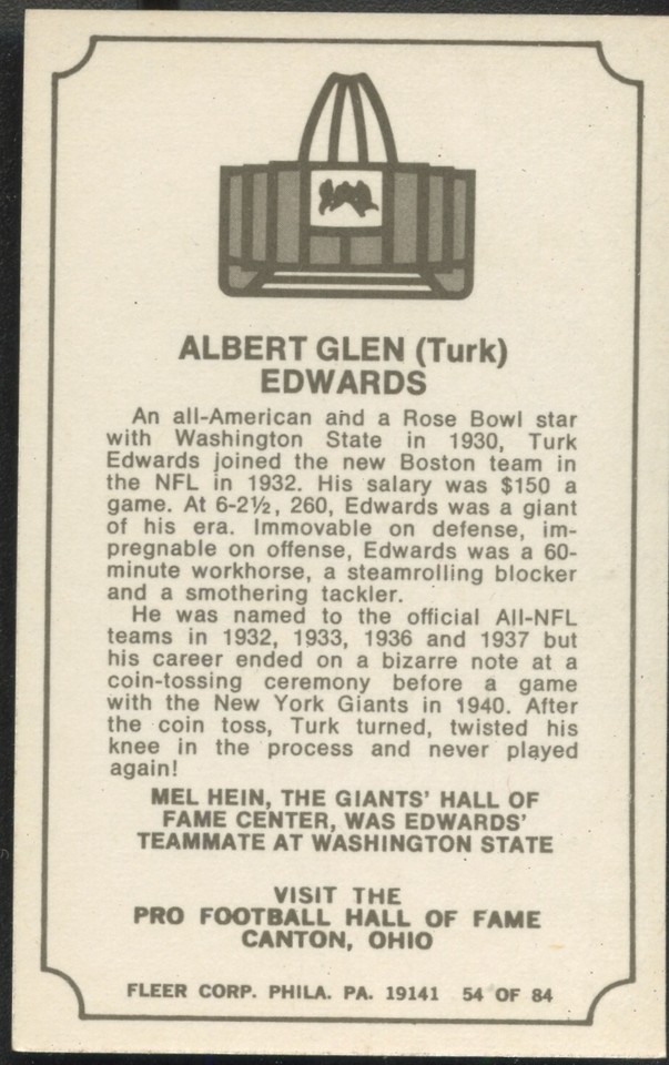 1975 Fleer The Immortal Roll #54 Turk Edwards Washington Redskins Hall ...