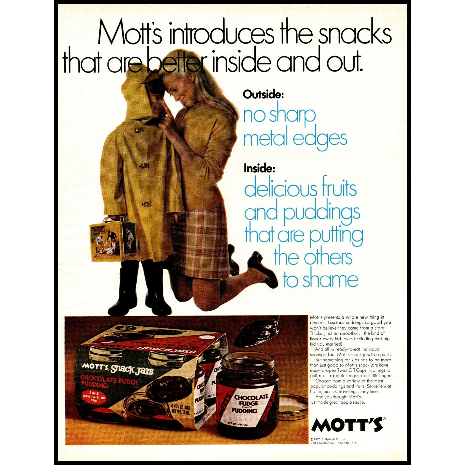 1970 Mott's Snacks Chocolate Pudding Vintage Print Ad Baseball Lunchbox ...