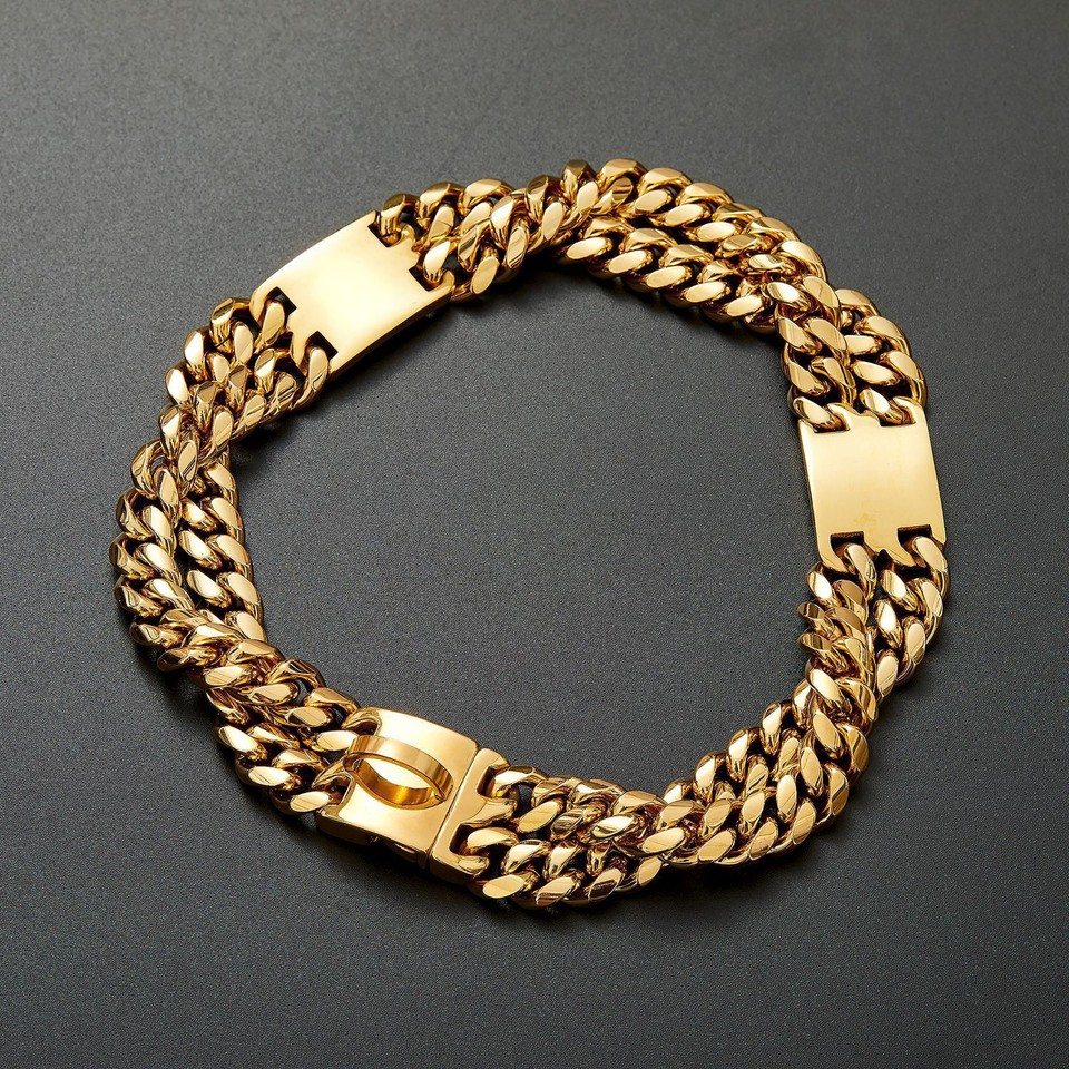 Double Gold Chain Dog Collar Heavy Duty Pet Cuban Link Stainless Steel ...