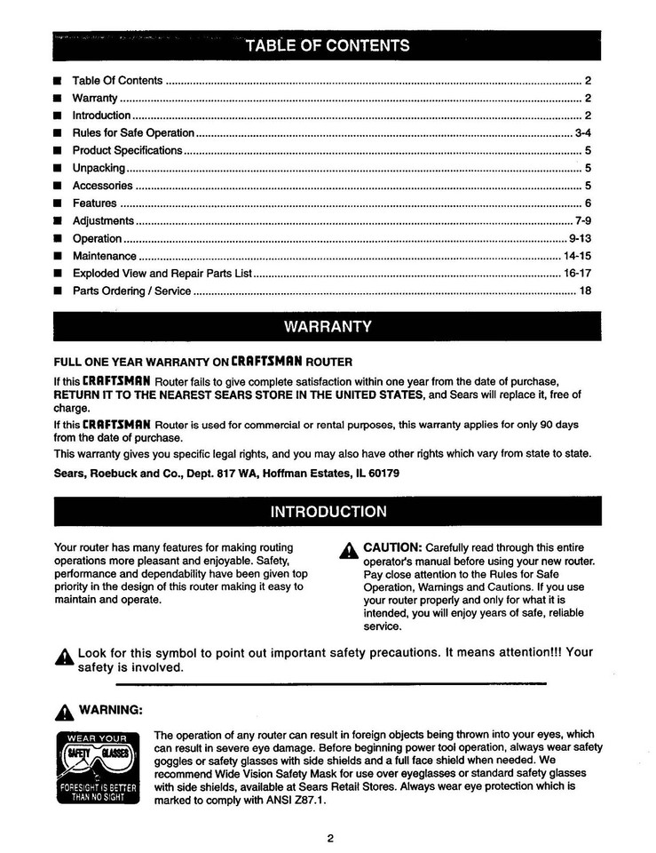 Operator Instruct & Parts Manual Craftsman Router 315.175040 Double ...