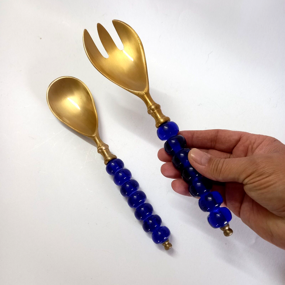 Salad Serving Spoon Fork Set Vintage Art Handles Blue Glass Pampered Chef No Box | eBay