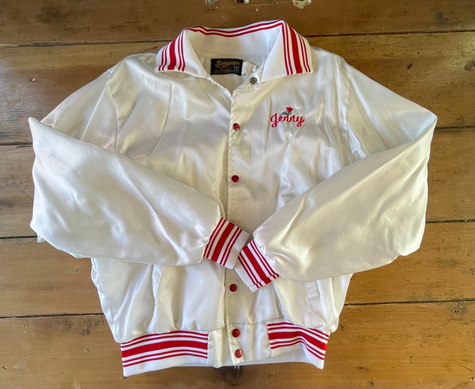 Vintage Swingster White Satin Bomber Jacket Embroider… - Gem