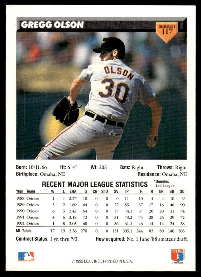 1993 Donruss Baseball Card Gregg Olson Baltimore Orioles #117 | eBay