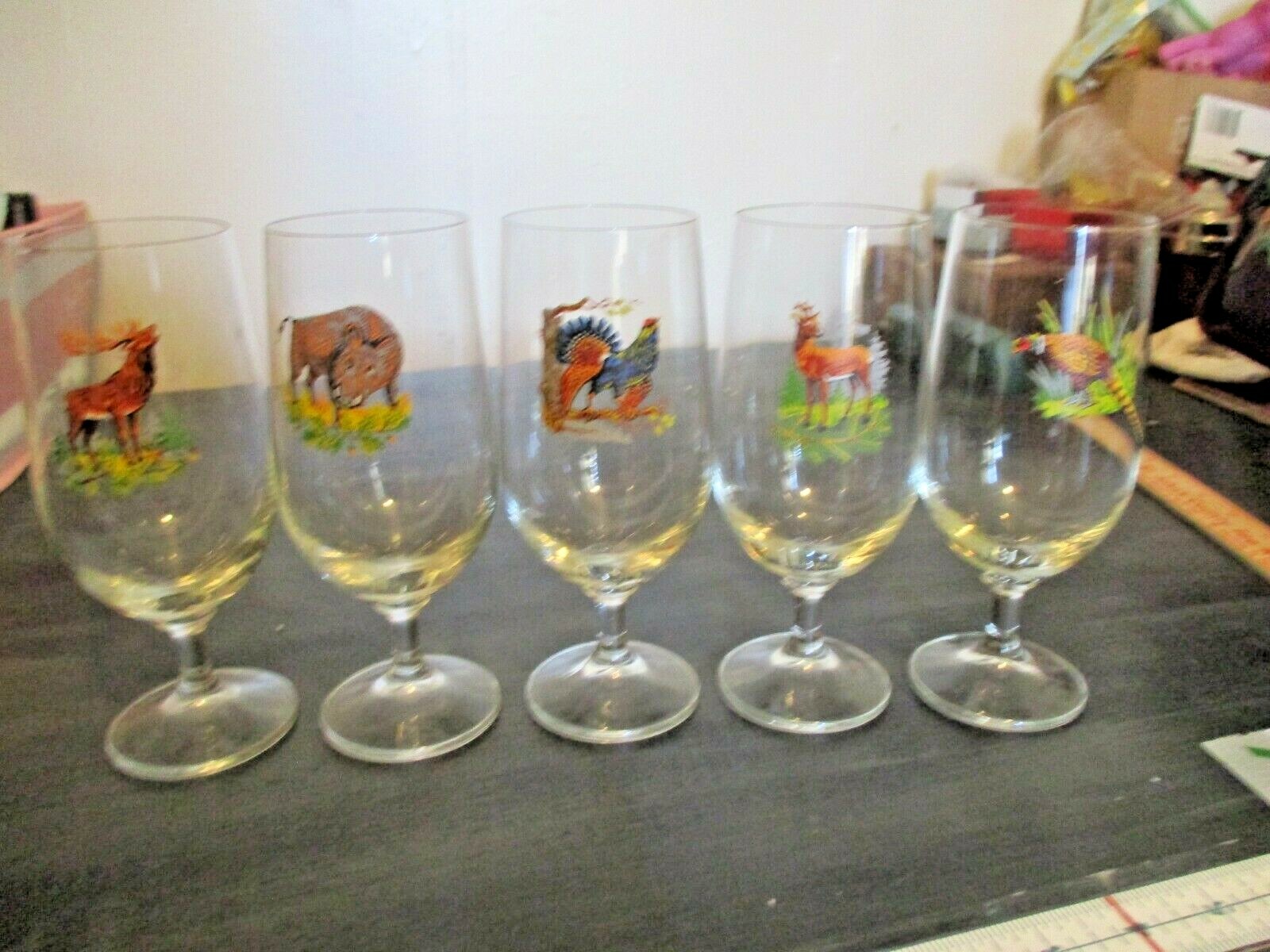 Lot of 5 Hunting, Moose, Turkey, Pheasant, Deer Pedestal Crystal Goblet ...