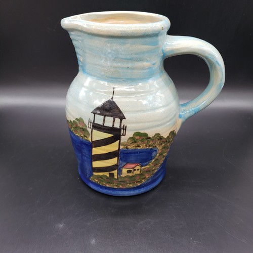 Lighthouse Pottery Pitcher Hand Painted Nautical Beach 7.5" Tall** | eBay