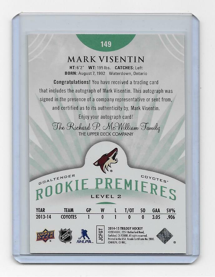 Mark Visentin 2014-15 Upper Deck Trilogy Rookie Premieres Auto Green 32 ...