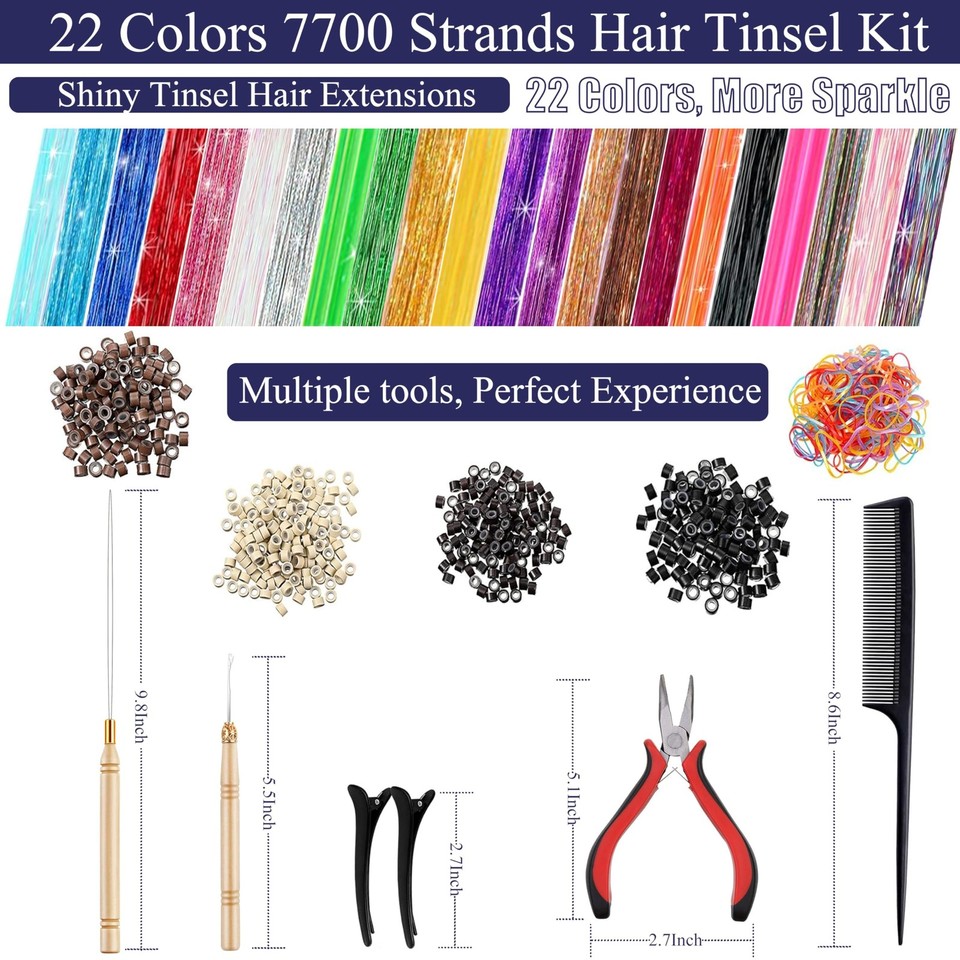 CHENZI 22 Colors 7700 Strands Hair Tinsel Kit, 48 Inch Glitter Tinsel ...