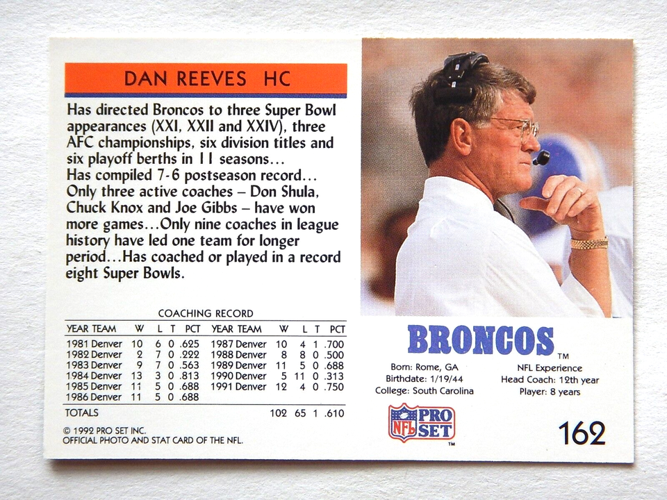 Dan Reeves #162 Pro Set 1992 Football Card (Denver Broncos) VG | eBay