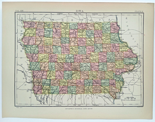 Iowa USA State Antique Map from c1880 9th Ed. Encyclopedia Britannica ...