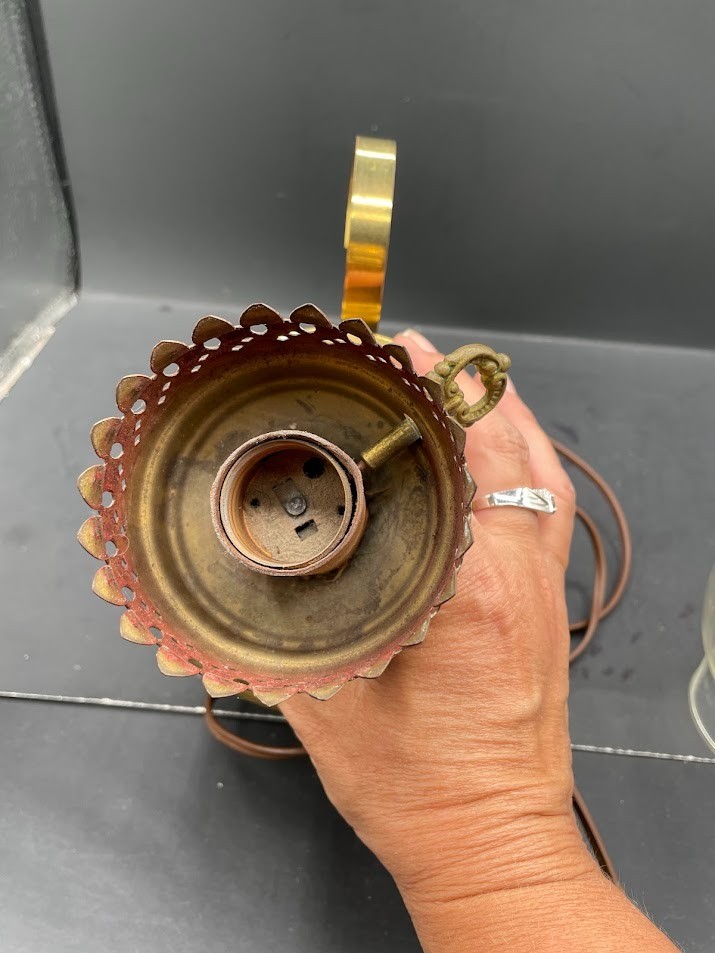 Electric Hurricane Lamp with Winter Scene Lamp Shade Brass Base Works ...