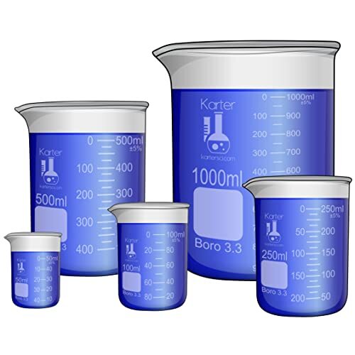 Glass Beaker Set 5 Sizes (50, 100, 250ml, 500ml & 1000ml) Double Metric ...