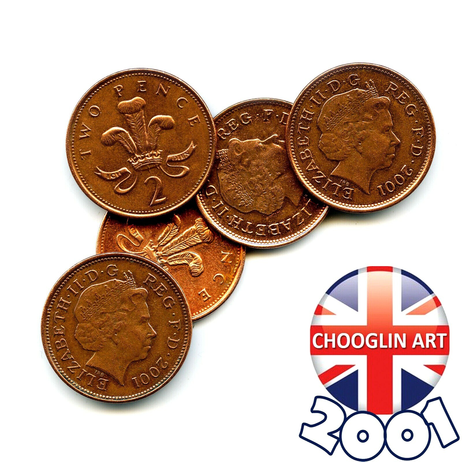Set of (x5) BRITISH 2001 ELIZABETH II TWO PENCE 2p coins, 23 Years Old ...