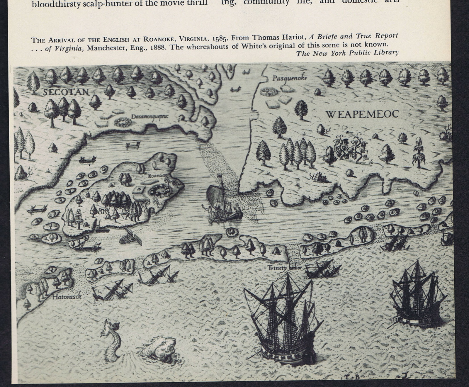 Arrival of English at Roanoke Island, VA in 1585 & Indian Town Secoton ...