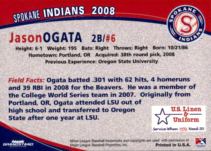2008 Spokane Indians Grandstand #19 Jason Ogata Portland Oregon OR ...