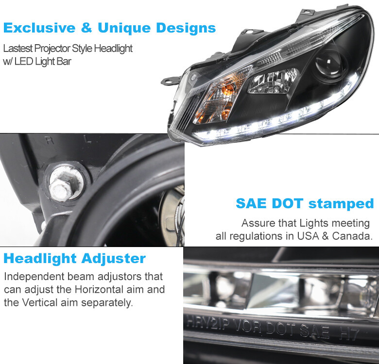 Fit 10-14 Volkswagen Golf GTI LED Bar Projector Black Headlight Lamp ...