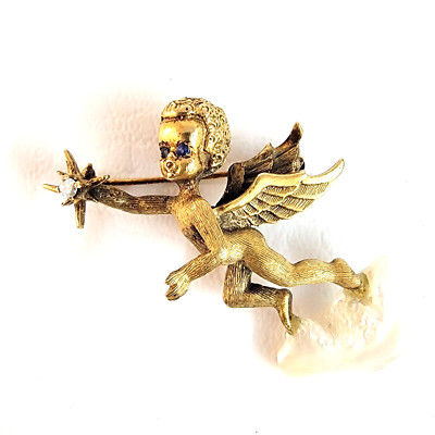 RUSER Style Angel Cherub Natural Sapphires Diamond Pearl ~ 14Kt Brooch ...