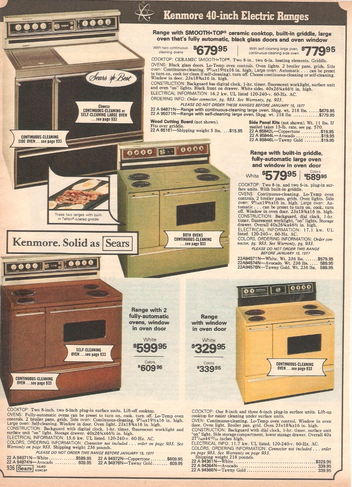 1977 VINTAGE PRINT AD KENMORE 40 INCH ELECTRIC RANGE STOVES YELLOW ...