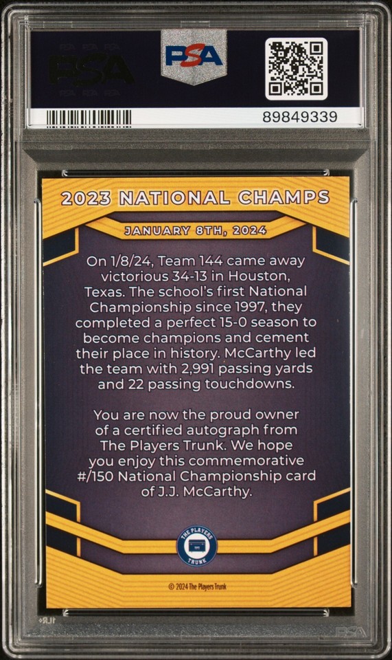 2024 Players Trunk JJ McCarthy Michigan 2023 Champs /150 AUTO PSA 10 ...