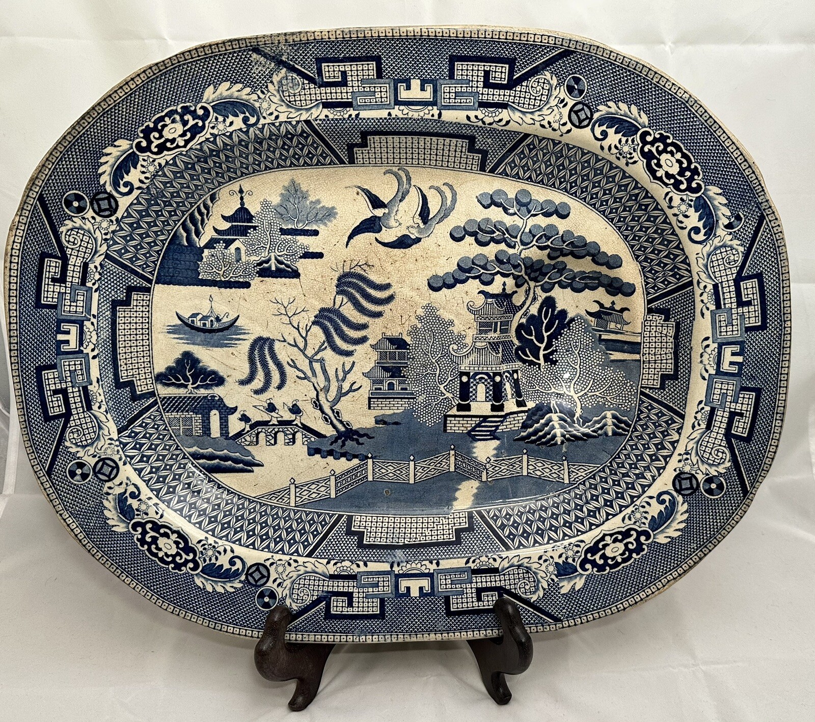Antique 1820’s Footed 19” Blue Willow Meat Turkey Porcelain Platter ...
