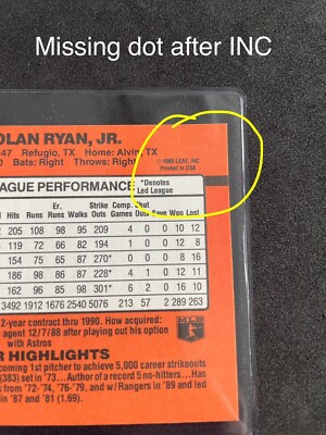 Nolan Ryan Rare Error Card 1990 Donruss Baseball 166 Texas Rangers Dot ...