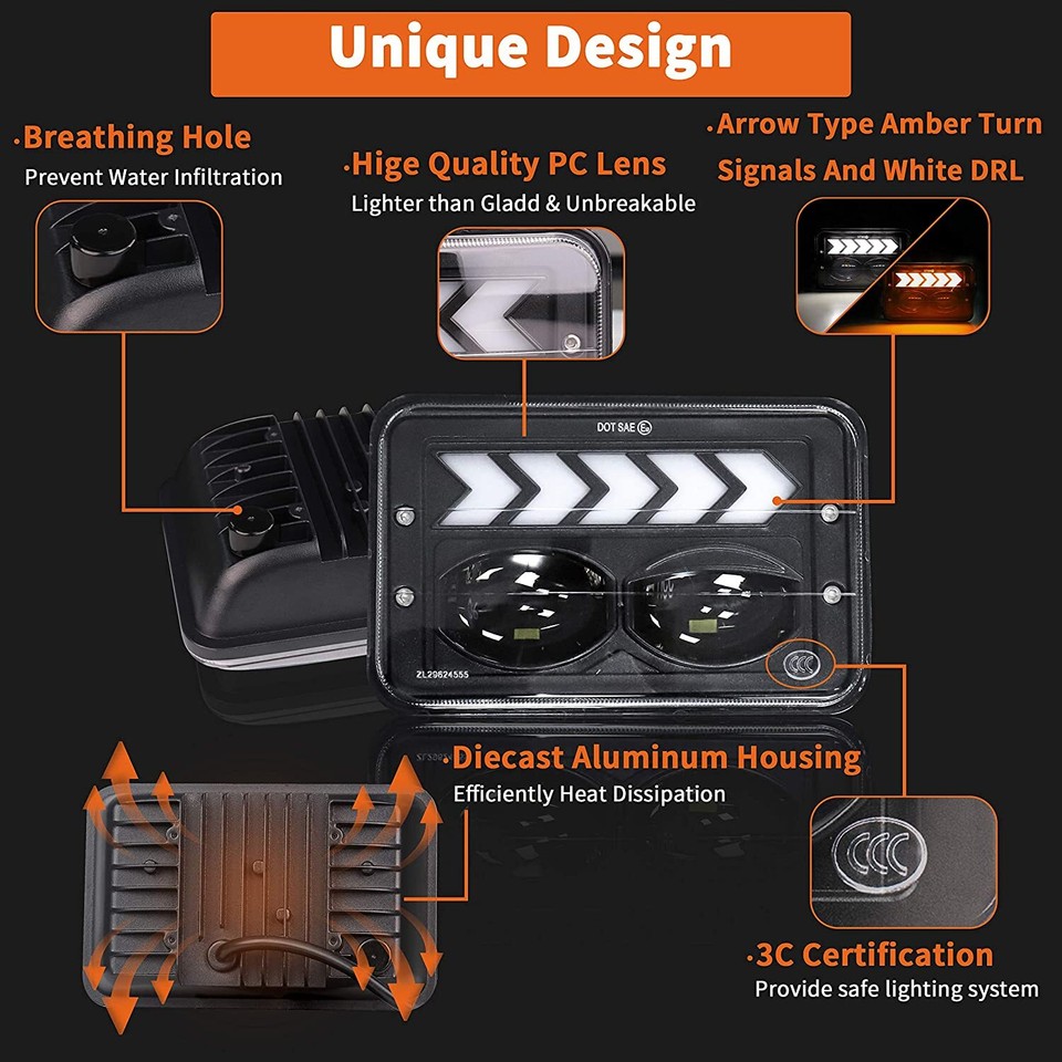 4pcs 4x6 Inch LED Headlights Commercial Truck Amber Arrow DOT HI/LO ...