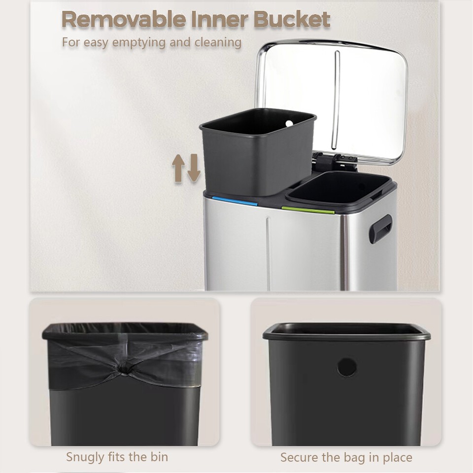 Double Rubbish Bin, Dual Compartment Metal Step Bin, with Plastic Inner ...