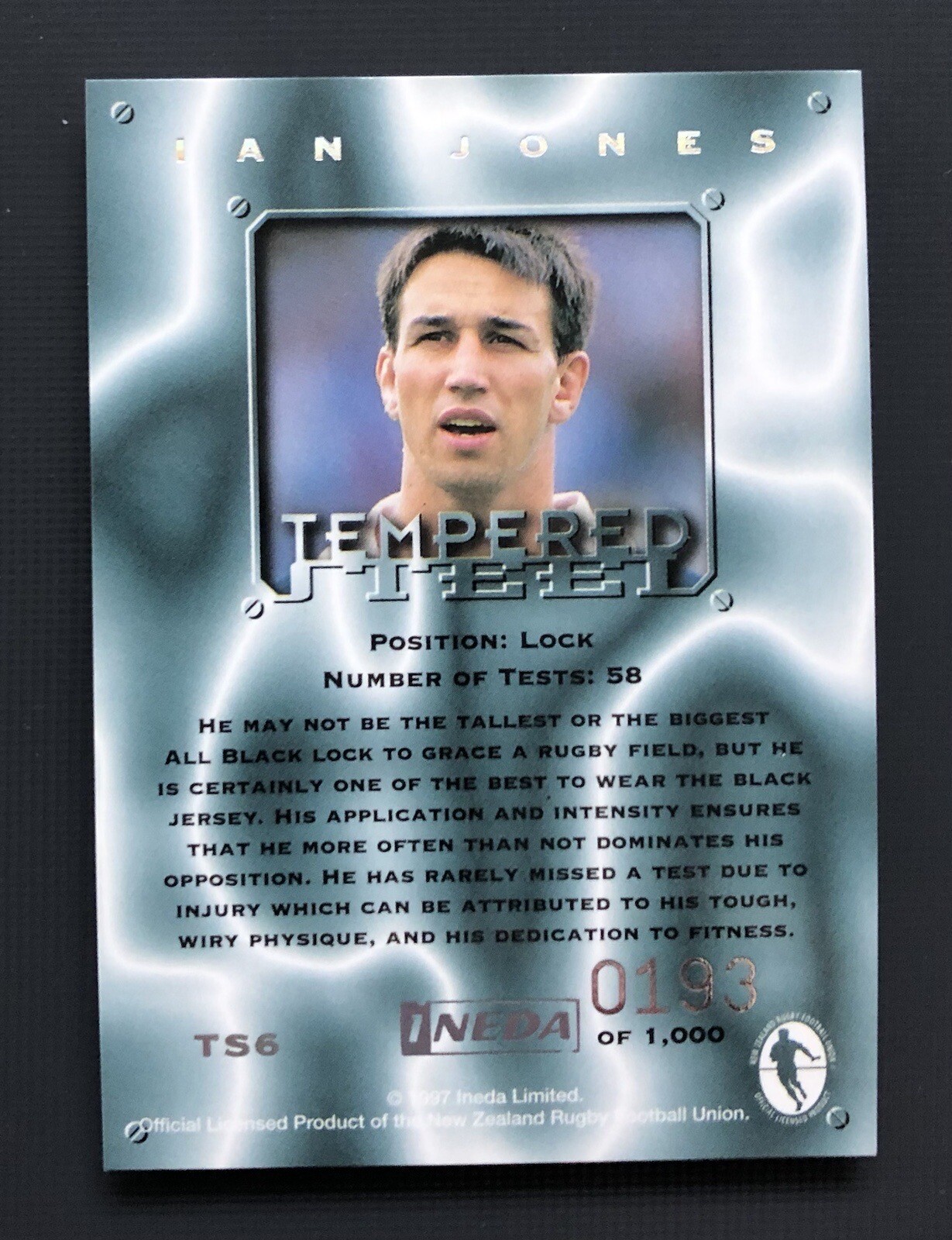 1997 Ineda NZ All Black Trading Cards Tempered Steel Card TS6 Ian Jones ...