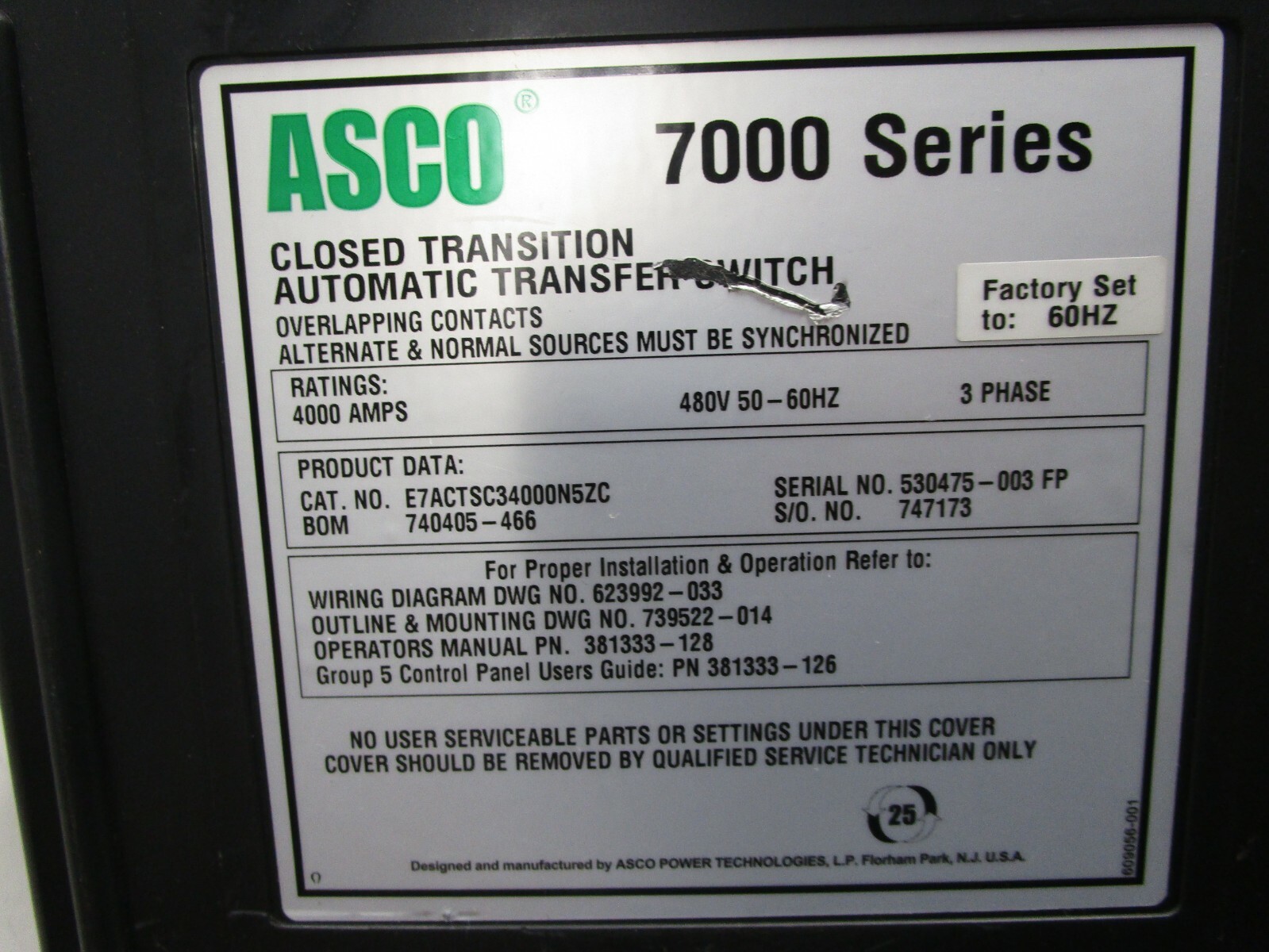 (1) Asco 7000 Series Automatic Transfer Switch E7ACTSC34000N5ZC 4000 ...