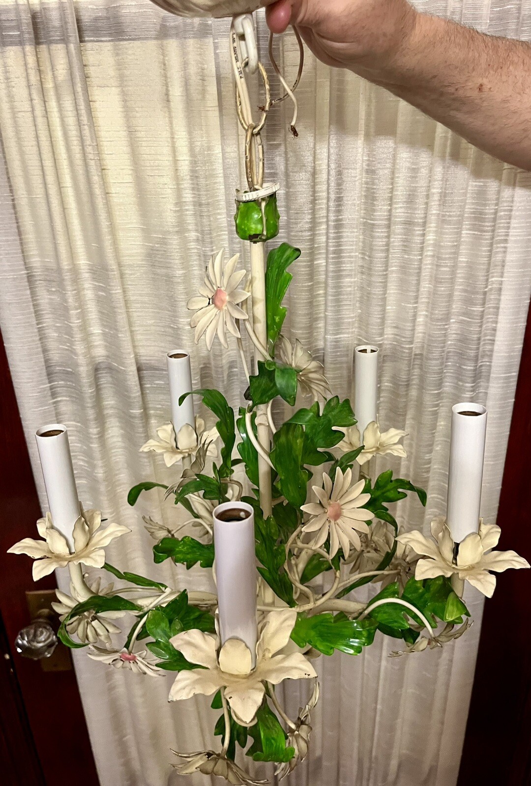 Vintage TOLE Metal Daisy Flower Light FIXTURE Chandelier 5 Arms 14 ...