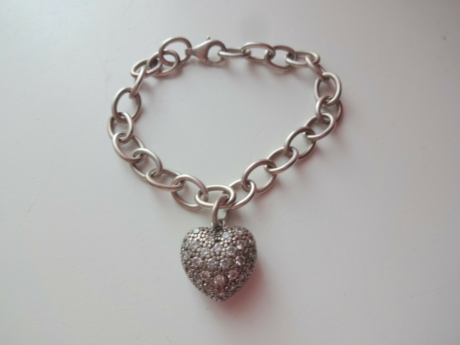 Vtg Signed ASJ Sterling Silver Puffy Heart QZ Dangling Charm Chain ...