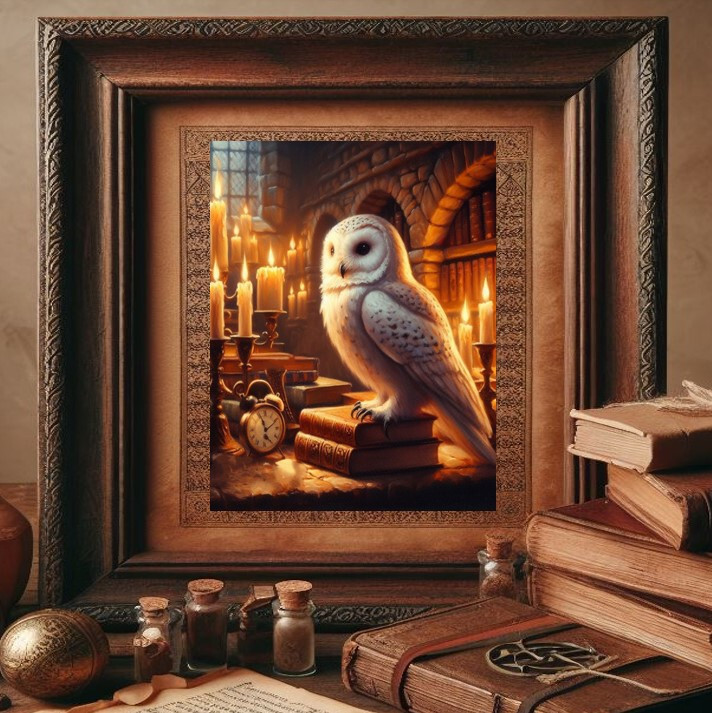 Hedwig Harry Potter White Snowy Owl Library books Candles Vintage art ...