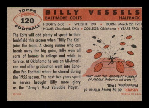 1956 Topps #120 Billy Vessels RC VGEX X3052510 | eBay
