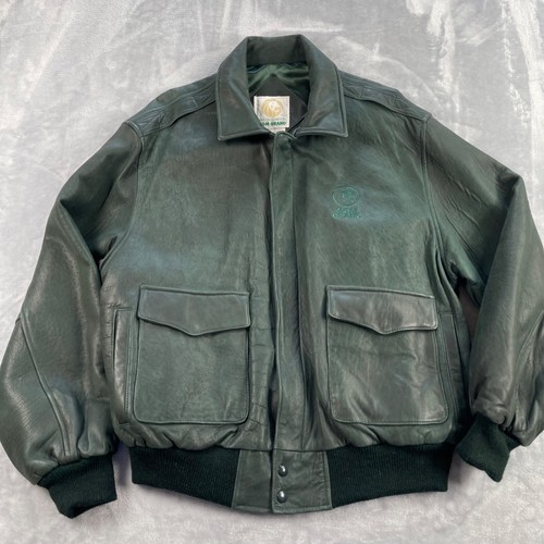 Vtg MGM Grand Leather Jacket Mens XL Green Bomber Embroidered Satin ...