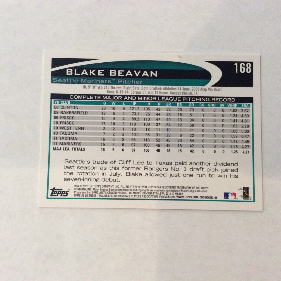 2012 Topps #168 Blake Bean Seattle Mariners | eBay