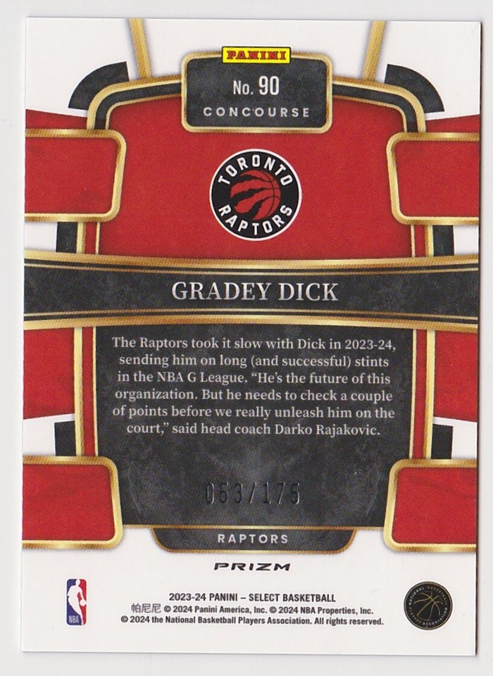 2023-24 Panini Select Gradey Dick /175 Purple Flash Concourse #90 RC ...