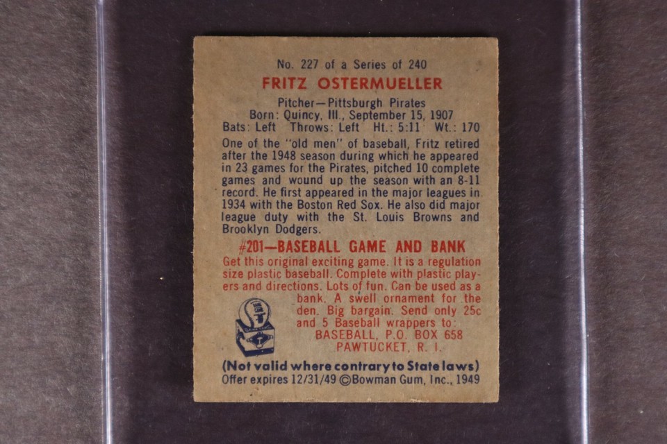 1949 Bowman FRITZ OSTERMUELLER #227 Pittsburgh Pirates Baseball Card | eBay