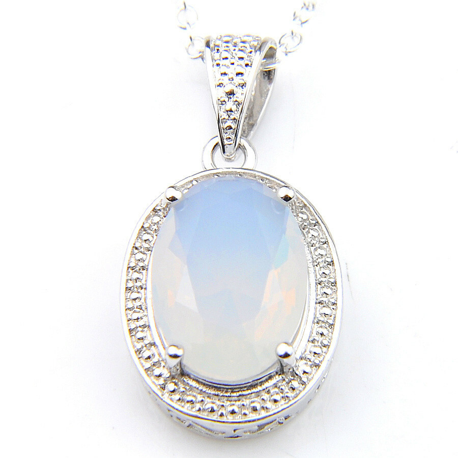 Handmade Oval Cut Rainbow Fire Moonstone Gemstone Silver Charm Necklace ...