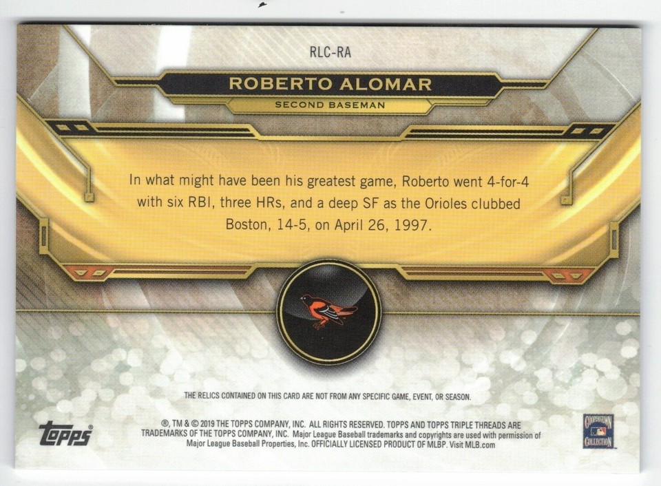 2019 Topps Triple Threads Roberto Alomar RELIC /27 RLC-RA ORIOLES | eBay