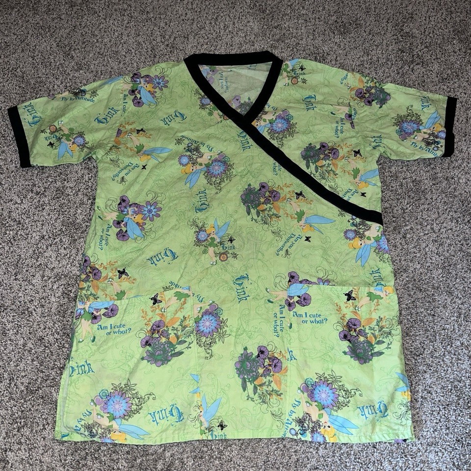 Wonderful World Of Disney Holiday Scrub Top Tinkerbell Peter Pan Womens ...