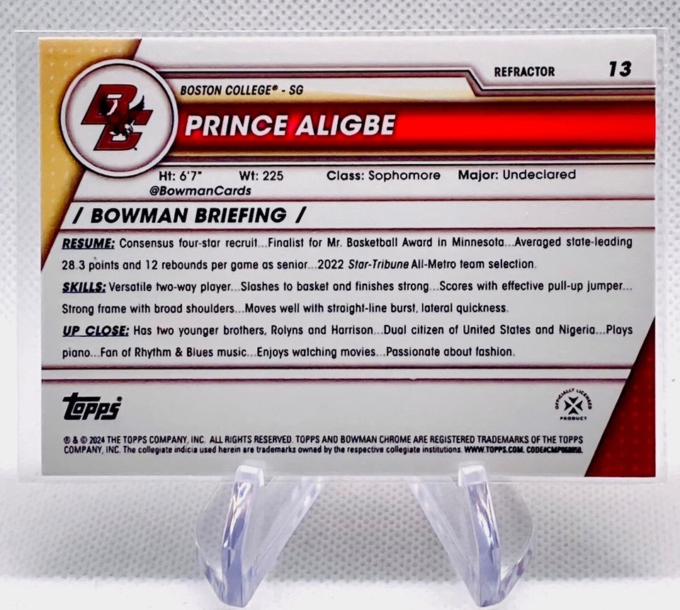 2023-24 Bowman University Chrome Prince Aligbe 1st Bowman Refractor ...