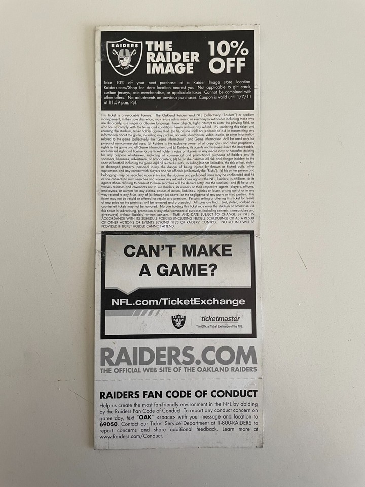 NFL Game Ticket 10/3/2010 Raiders Vs. Texans | eBay