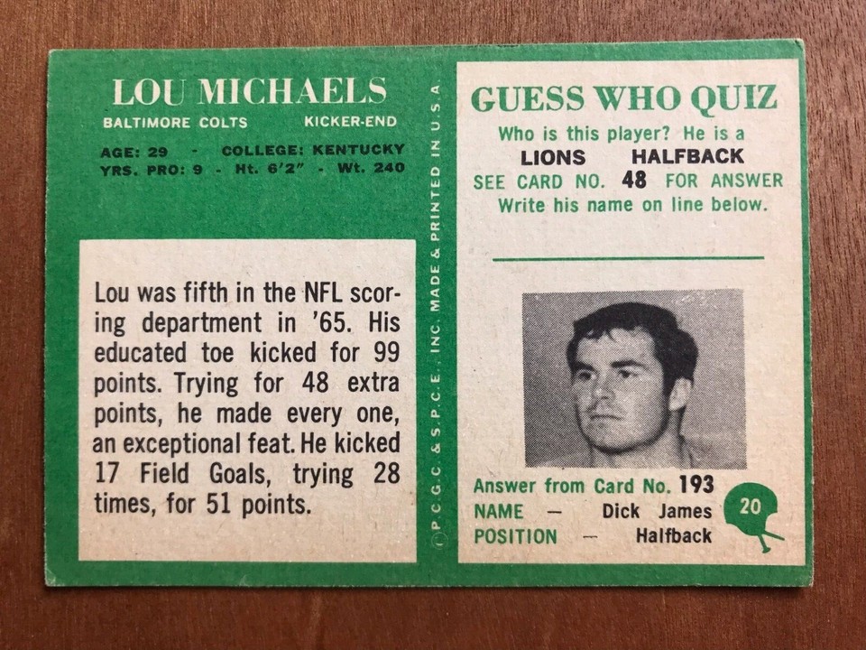 1966 Philadelphia Football Card #20 Lou Michaels Baltimore Colts | eBay