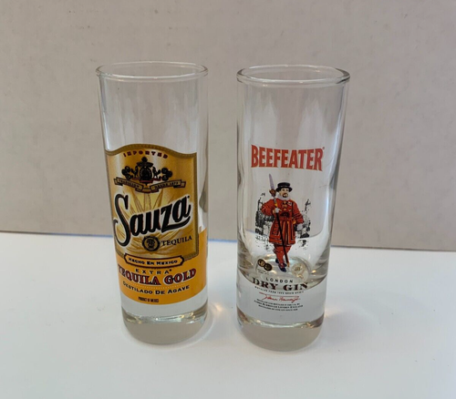 Set of 2 Tall Sauza Tequila Beefeater Gin Shot Glasses 4" tall 1.5 ...