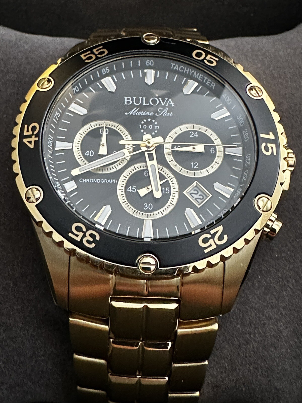 Bulova Marine Star Gold Chronograph Stainless Steel, Black Dial: 98B406 ...