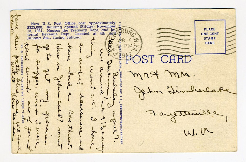 1942 Postmarked Linen Postcard- United States Post Office- Parkersburg ...