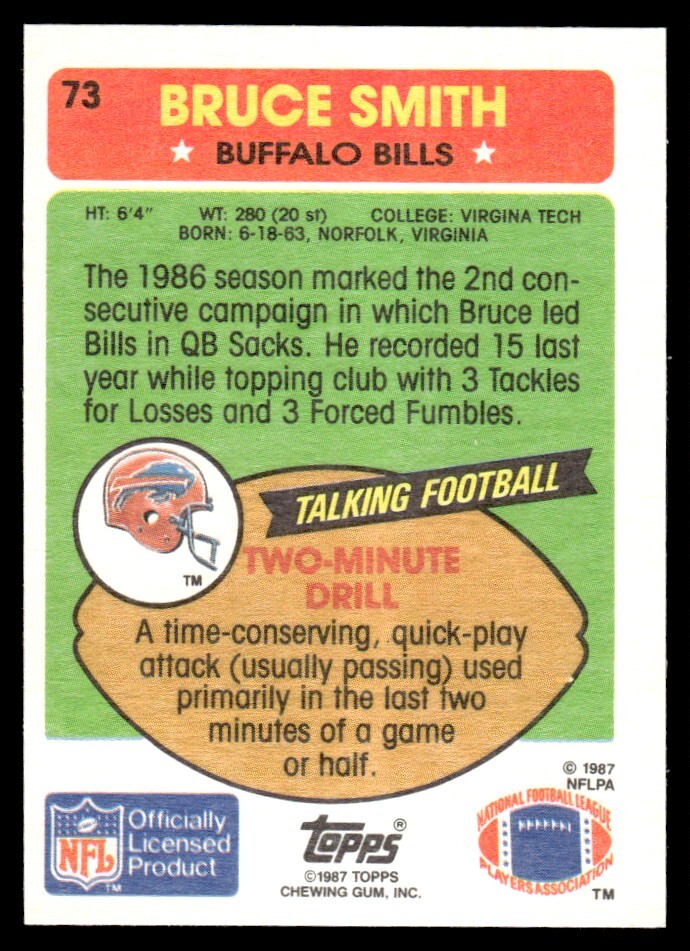1987 TOPPS AMERICAN/UK BRUCE SMITH D BUFFALO BILLS #73 | eBay
