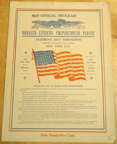 1916 NYC MONSTER CITIZENS PREPAREDNESS PARADE Program promoted by T ...